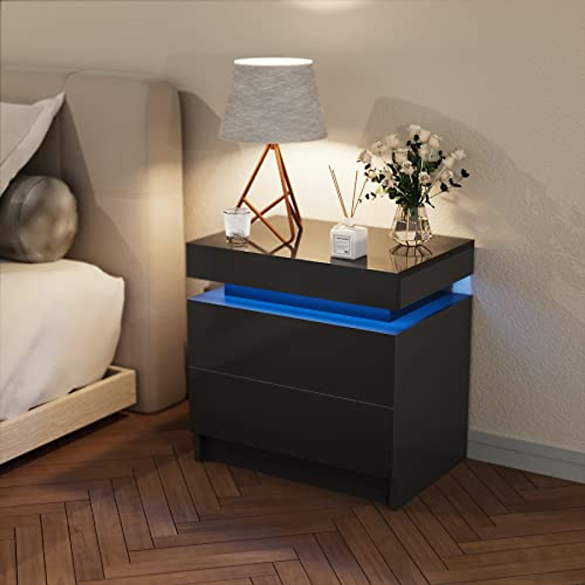 Semounva LED Nightstand with 2 Drawers, Black Modern Nightstands with Led Lights, Cool Light Up Flip Top Bedside Table Night Stand for Bedroom Furniture
