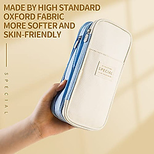 Teuki Large Pencil Case for Girls Boys Adults, Expandable Cute Pencil Case Large Capacity Pencil Pouch Bag for Office School Stationery Organizer Durable Pencil Cases with Sticky Notes, Beige Blue