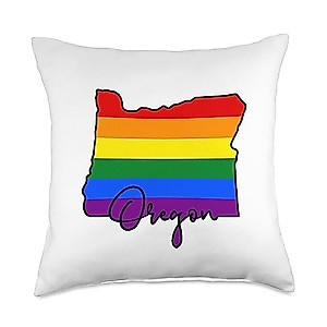 Oregon Map USA State Rainbow Pride Flag Map USA State Oregon Rainbow Flag Pride Month Throw Pillow, 18x18, Multicolor