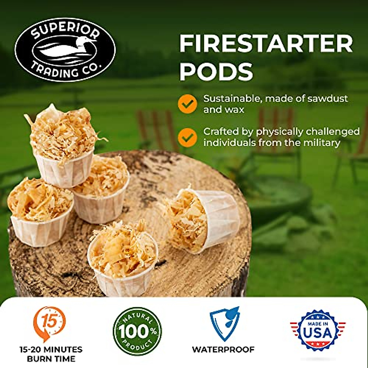 All Natural Fire Starters.15-20 Minute Burn for BBQ, campfire, charcoal, fire pit, wood & pellet stove, 30 Extra Large Waterproof for Indoor/Outdoor Made in USA