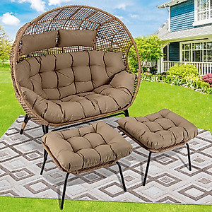 BULEXYARD Double PE Wicker Stationary Egg Chair with Legs Patio 2 Person Loveseat Chair Indoor Outdoor Oversized PE Rattan Lounge Chair for Garden Balcony (Brown/Brown, Double Egg Chair with Ottoman)