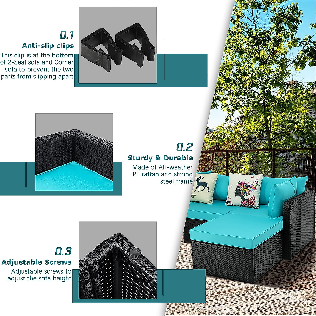 VITESSE Patio Furniture Sets All Weather Outdoor Sectional Sofa Manual Weaving Wicker Rattan Patio Conversation Set with Cushion and Glass Table (5 Pieces, Light Blue)