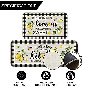Lemon Kitchen Mat Set of 2, Kitchen Mats for Floor, Farmhouse Lemon Kitchen Rugs and Mats Non Skid Washable, Lemon Kitchen Decor Floor Mats Non Slip, Kitchen Runner Rug Carpet 17x29 and 17x47 Inch