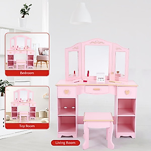GarveeHome Kids Vanity, Pretend Play Vanity Set with Stool and Tri-Fold Mirror, Little Girl Makeup Desk, Toddler Dressing Table with Storage Drawers and Open Shelves for Girls 3+, Pink