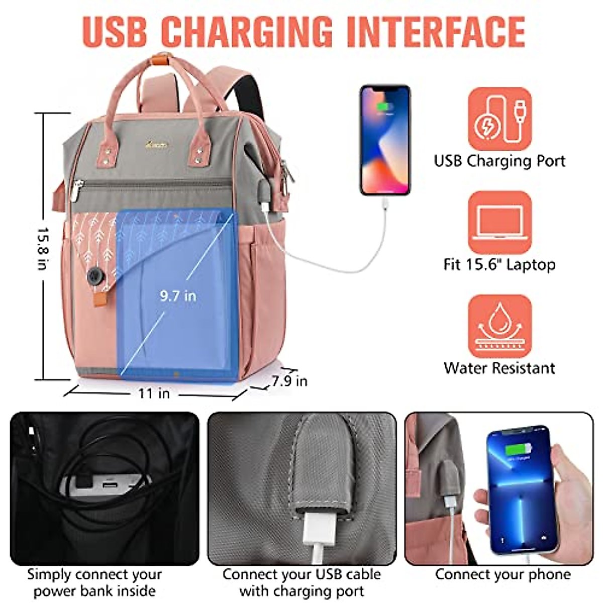 MOMUVO Travel Backpack for Women Laptop Backpack 15.6 Inch,School College Bookbag Work Bag with USB Charging Port,Casual Daypack Teacher Backpack Pink Grey