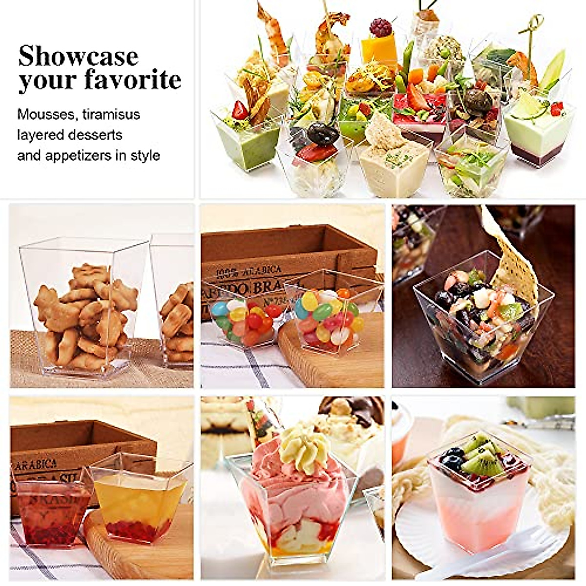 50 Pack 3.5 Oz Plastic Mini Dessert Cups,Square Clear Parfait Cups for Chocolate Desserts, Appetizers,Dessert Samplers,Dessert Shot Glasses & More