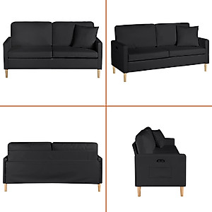 AILEEKISS 66" Loveseat Sofa Couch with 2 USB, Mid Century Modern Love Seat Couches for Living Room, PU Leather Upholstered 3-Seat Sofas for Bedroom, Apartments, Office (Black)