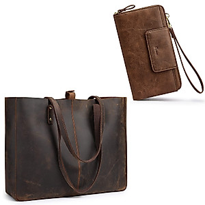 S-ZONE Genuine Leather Shoulder Large Tote Bag for Women Travel Wallets RFID Blocking Leather Clutch Crossbody Purse Passport Document Credit Card Holder