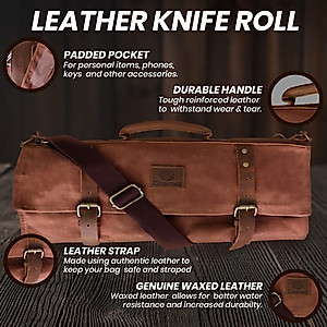 Leather Knife Roll Chef Bag Knife Storage Roll Bag 12 Dedicated Slots Interior Zipped Pocket Special Flap Pocket for Cleaver Portable Knife Bag Case Storage