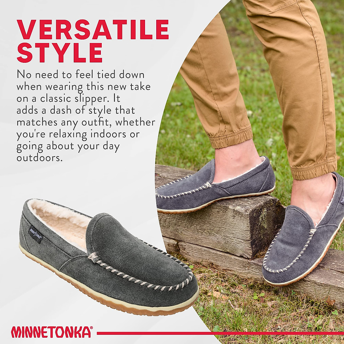 Minnetonka Men's Tilden Moccasin Suede Indoor and Outdoor Slippers, Grey, 13M