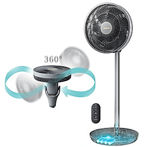 Standing Fan for Patios Home, 360 Degree Oscillating Rechargeable Pedestal Fan with Remote, 37-Inch Tall Cordless Whole House Style Portable Fan, Quiet,15000mAh Battery, 15 Speed Levels&Timer, Gray