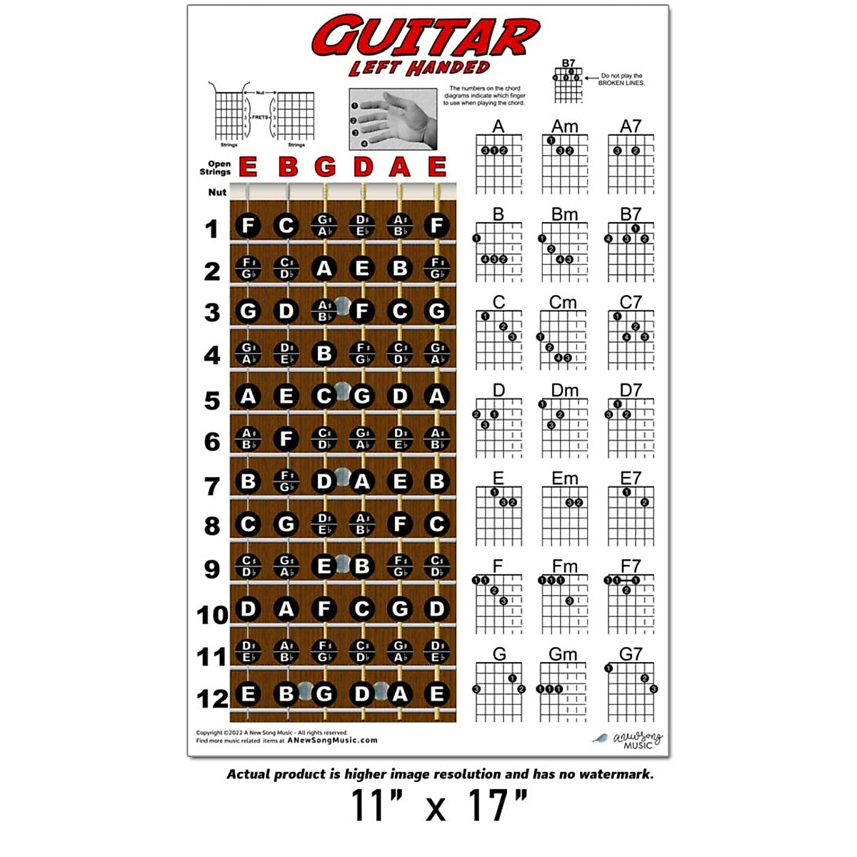 Left Handed Guitar Fretboard & Chord Chart - Instructional Poster for Left Hand Beginner 11"x17" Easy | A New Song Music