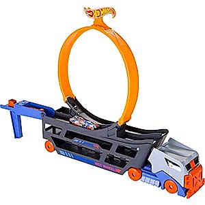 Hot Wheels Stunt & Go Track Set with 1 Toy Car, Transforming Hauler Truck with Launcher, Stores 18 1:64 Scale Cars [Amazon Exclusive]
