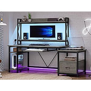SEDETA Computer Desk, 71" Home Office Desk with Desk Lamp, Office Desk with File Drawer Storage, Keyboard Tray, Monitor Shelf & Hutch, Gaming Desk with Led Lights, Grey