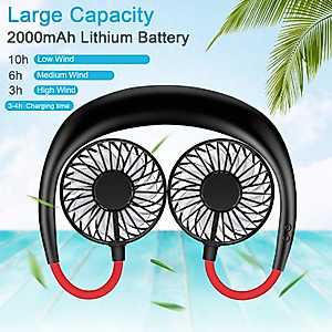Hand Free USB Personal Fan Rechargeable Mini LED Neck Fan Headphone Design Sports Fan Heads Rotatable Neckband Fan, 2000mAh, 3 speeds, Quiet, Portable for Office Reading Travel Camping (Black)