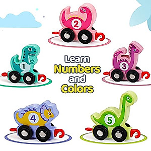Dinosaur Toys for Kids 2-4 Gifts, Wooden Train Set for 2 3 Year Old Boy Toys, Montessori Toys for 1+ 2 3 Year Old Girl Birthday Gifts, Toy Cars Learning Educational Toys for Toddler Ages 1-2-4