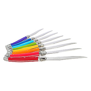 French Home Laguiole 8-Piece Steak Knife Set – Sophisticated Stainless Steel Dinner Knives with Rainbow Handles & Iconic Bee Emblem – Serrated Knives for Smooth Cutting (9.25")