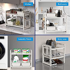 WestonBasics Under Sink Organizer | Expandable Under the Sink Organizer from 16-28" | 2-Tier Under Sink Organizers and Storage Shelf with Adjustable Racks, Double Sliding Drawers, 5 Hooks & 2 Cups