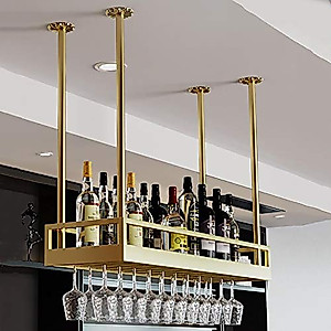 FAFZ Industrial Vintage Bar Floating Shelf, Ceiling Mounted Hanging Wine Bottle Holder, Shelf Champagne Glass Rack, Bar Home Decor, Gold (Size : 100cm)