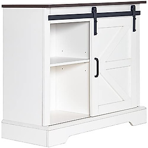HOMFAMILIA 28" H Farmhouse Coffee Bar Cabinet w/Storage, White Kitchen Sideboard Buffet Cabinet with Sliding Barn Door, Rustic Accent Console with Adjustable Shelves, for Kitchen, Living Room