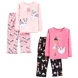 Simple Joys by Carter's Girls' 4-Piece Pajama Set (Cotton Top & Fleece Bottom), Black Ballerina/Light Pink/Pink Cow/Swans, 5T