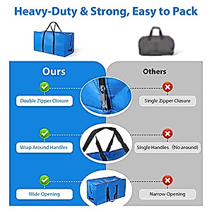 2Pack Heavy Duty Extra Large Moving Bags, Big Blue Moving Storage Bags, Packing Totes for Moving, with Zippers & Handles Waterproof Organizer, for Blanket Comforter Clothing Storage, Moving Supplies