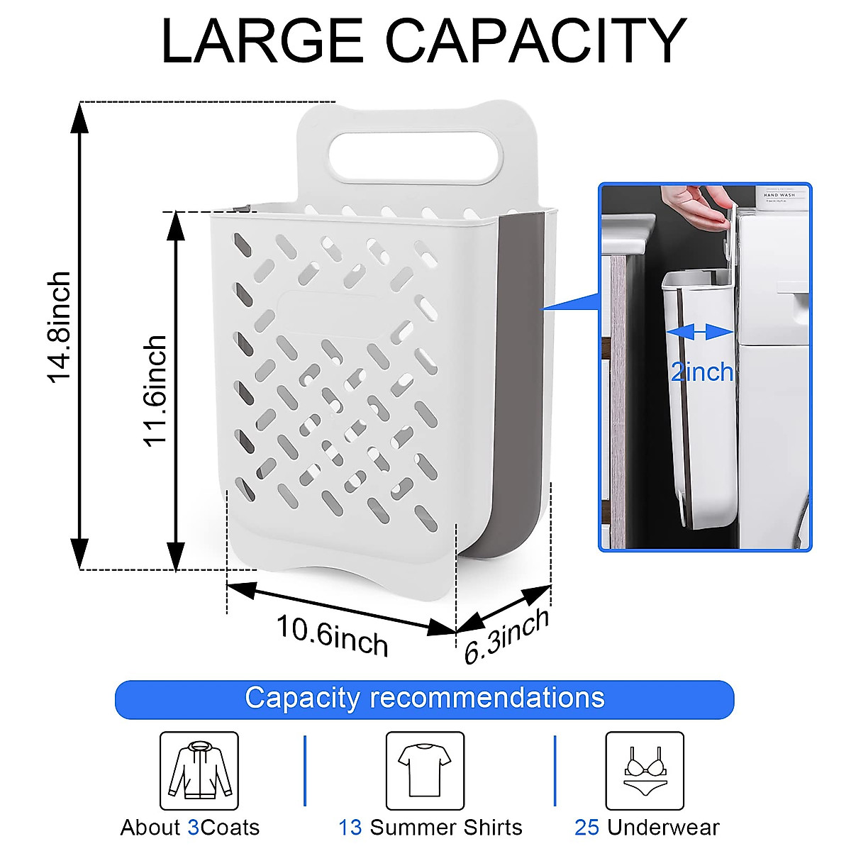 Laundry Basket Hamper,Hanging Wall Collapsible Laundry with Handle,Space-Saving Foldable Storage Dirty Washer Organizer Bin Multi-function Container Waterproof Durable,Set of 2(XL&M)