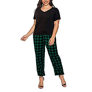 KAMONG Women Plus Size Pajamas Set Plaid Lounge Pants V-Neck Long/Short Sleeve Cotton T Shirt 2 Piece Sleepwear Green