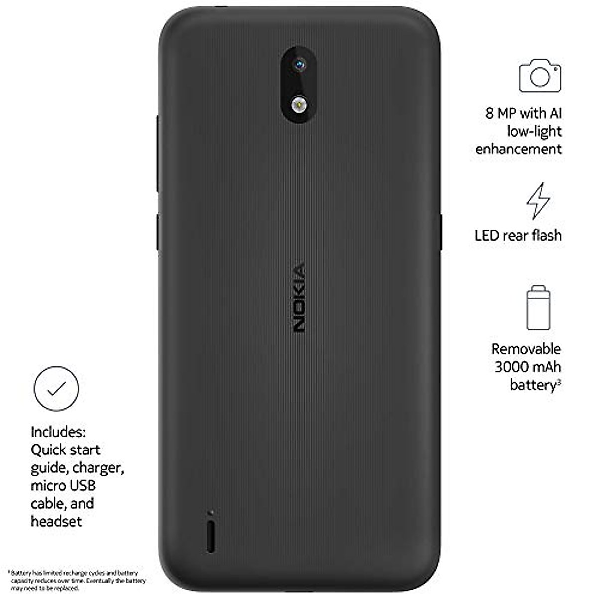 Nokia 1.3 Fully Unlocked Smartphone with 5.7" HD+ Screen, AI-Powered 8 MP Camera and Android 10 Go Edition, Charcoal, 2020 (AT&T/T-Mobile/Cricket/Tracfone/Simple Mobile)