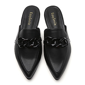 EasySmile Metal Chain Decor Flat Mules for Women Closed Pointed Toe Slip on Loafers Slides Backless Mules Shoes