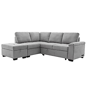 Eafurn Convertible Sleeper Sectional Sofa with Pull Out Bed and Movable Ottoman, L Shaped Reversible Couch with Hidden Arm Storage & USB Charge, 4 Seat Corner Sofa&Couches for Living Room, Gray 87.4"