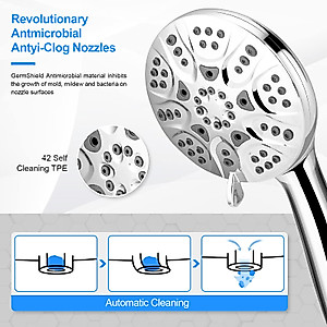 High Pressure Handheld Shower Head 6 Spray Settings Detachable High Flow Powerful Showerhead with 59" Stainless Steel Hose and Multi Angle Adjustable Shower Bracket, Easy to Install, Chrome