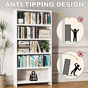 YILFANA 69'' Tall White Bookshelf, Metal Bookshelves and Bookcases, Display Bookshelf with 5 Tier Display Shelves, Large Bookshelf for Study, Library, Office, Corner