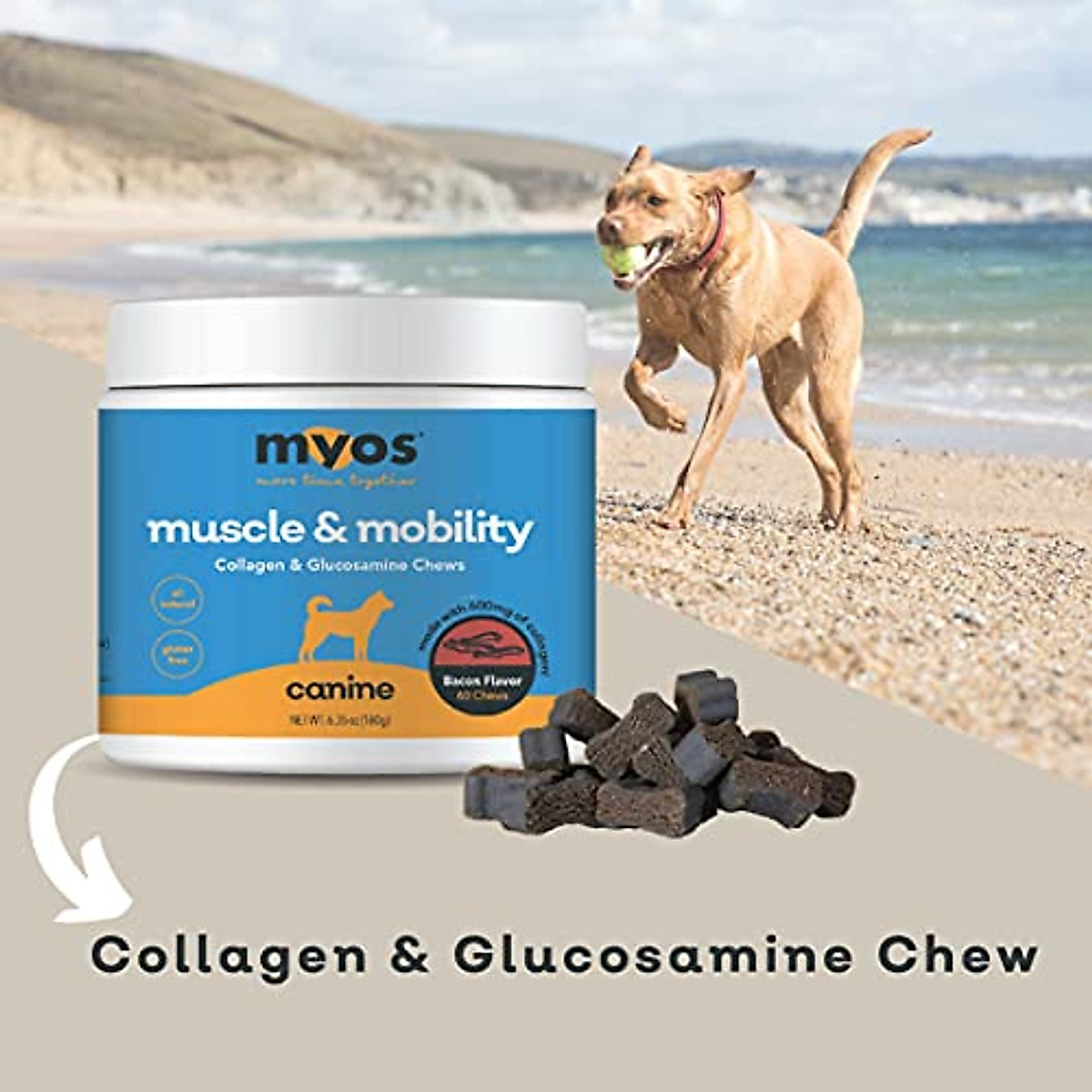 MYOS Canine Muscle & Mobility Chews – Natural Collagen & Glucosamine for Dogs - Bacon Flavor Joint Supplement for Muscle, Bone & Joint Support, 60 Count