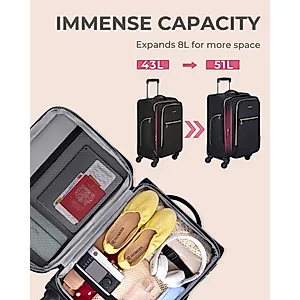 BAGSMART Carry On Luggage 20 Inch, Expandable Suitcase, Luggage with Duffel Luggage Airline Approved Rolling Softside Suitcases Women Men, Carry-On Black Square Quilted