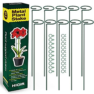HiGift 10 Pack 17 inches Plant Support Plant Stakes with 20 Pcs Plant Clips, Metal Garden Single Stem Flower Support Stick Plant Cage Support Ring for Amaryllis Orchid Peony Rose Tomato