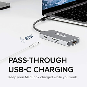 Plugable USB-C Hub 7-in-1, Driverless USB C Hub Compatible with Mac, Windows, Chromebook, USB4, Thunderbolt 4, and More (4K HDMI, 3 USB 3.0, SD & microSD Card Reader, 100W Charging)