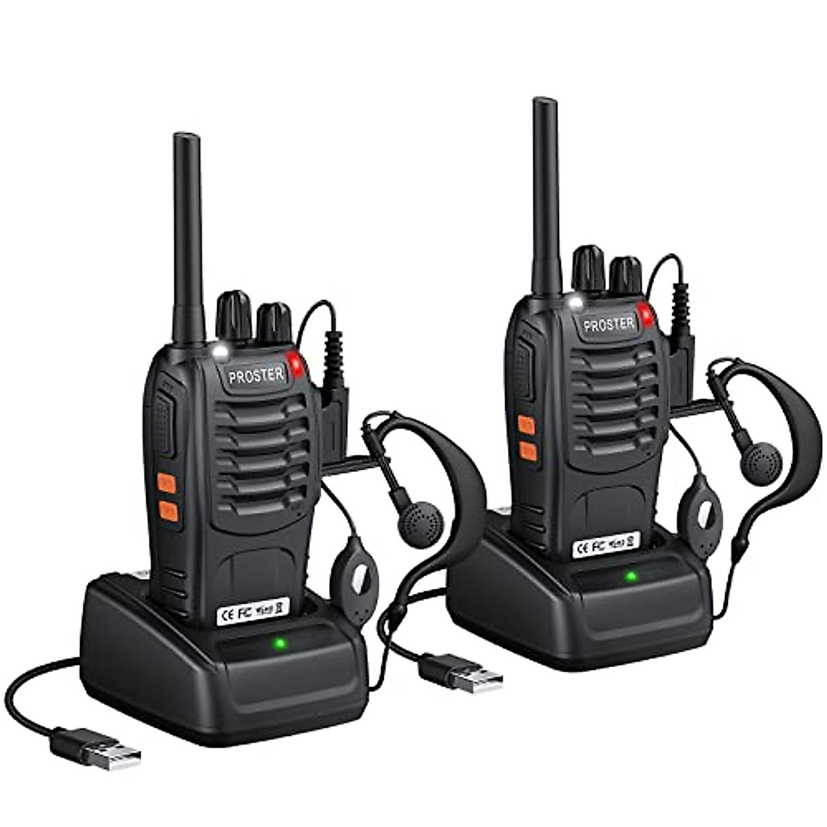 Proster Rechargeable Walkie Talkies 1 Pair, 16 Channel Long Range Two Way Radios with USB Charger Earpiece Mic, Handheld Walky Talky Transceiver 2 Pack