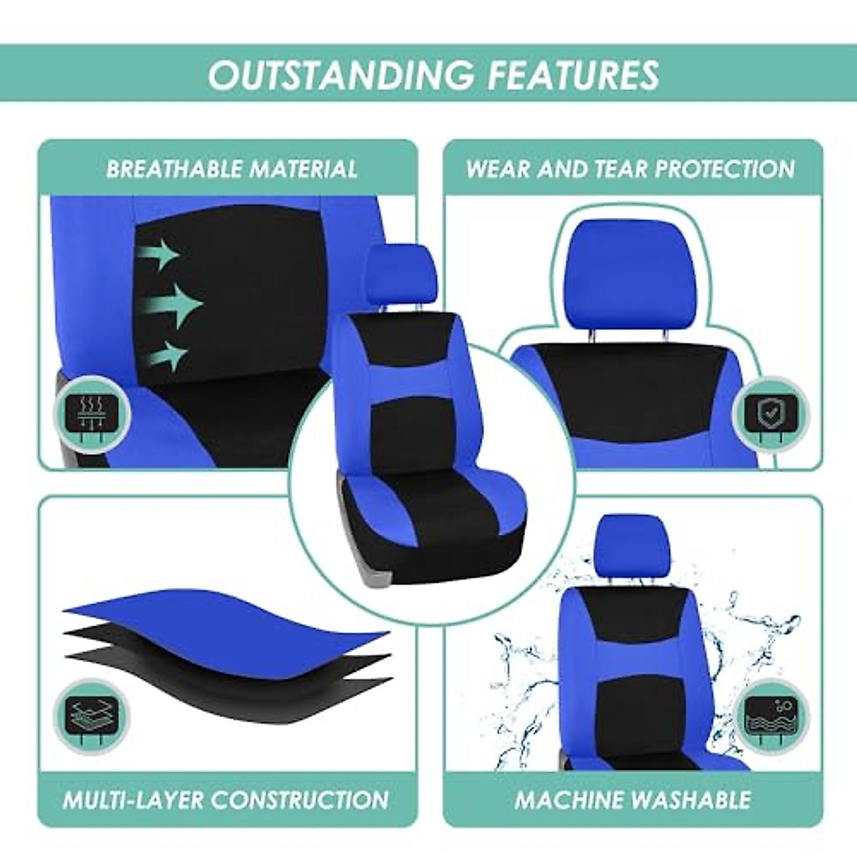 FH Group Light & Breezy Cloth Full Set Car Seat Covers (Blue/Black) Combo Set: Steering Wheel Cover, Seat Belt Pads and Black Vinyl Floor Mats – Universal Fit for Cars Trucks & SUVs