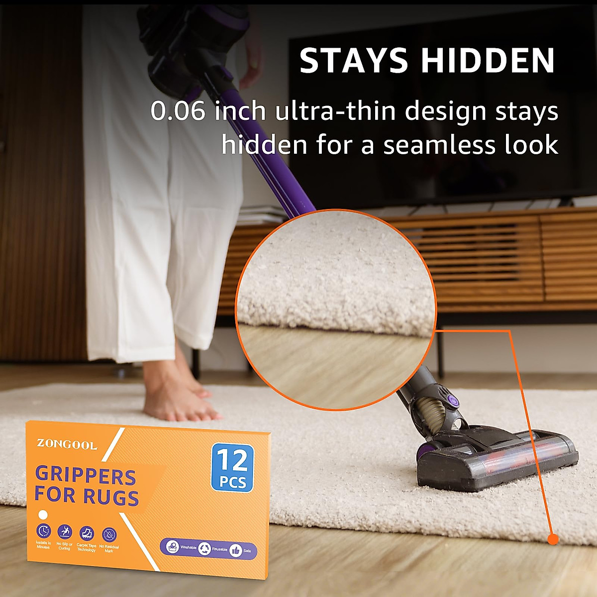 12 PCS Rug Tape, Reusable Washable Carpet Tape, Double Sided Non-Slip Rug Pads for Hardwood Floors, Rug Stoppers for Area Rugs, White