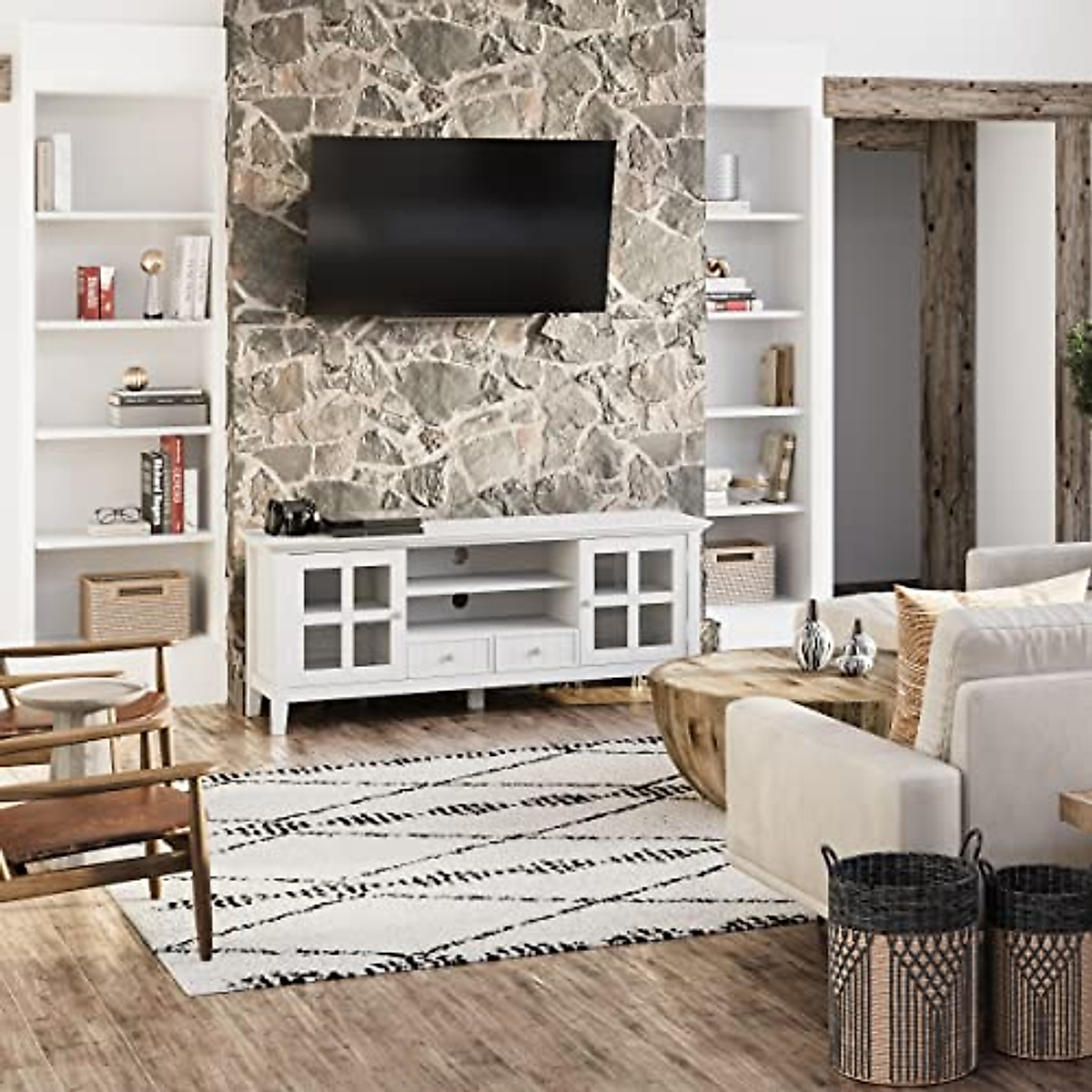SIMPLIHOME Acadian SOLID WOOD 60 Inch Wide Rustic TV Media Stand in White for TVs up to 65 Inches, For the Living Room and Entertainment Center