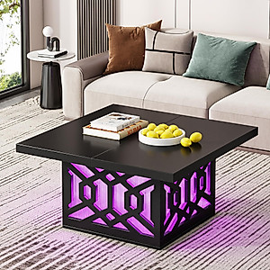 Tribesigns Coffee Table with LED Lights, Modern Square Cocktail Table with Storage, Center Table Living Room Furniture, Black