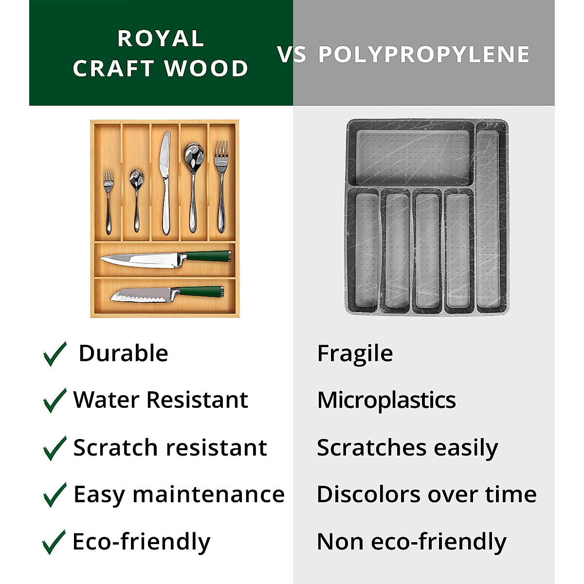 ROYAL CRAFT WOOD Luxury Bamboo Kitchen Drawer Organizer - Silverware Organizer and Cutlery Tray with Grooved Drawer Dividers for Flatware and Kitchen Utensils (7 Slot, Natural)