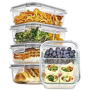 Vtopmart 5 Pack 33oz Glass Food Storage Containers with Lids, Meal Prep Containers 2 Compartments, Airtight Lunch Containers Bento Boxes with Snap Locking Lids for Microwave, Oven, Freezer