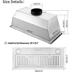 Zomagas Range Hood Insert 30 inch,Stainless Steel Kitchen Vent Hood 600CFM,Built-in Kitchen Stove Hood w/Front Button Controls and Front LED Lights,Baffle Filters,Ducted/ductless Convertible Duct