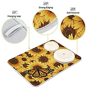 Monarch Butterfly Dish Drying Mat Small for Kitchen Counter, Fast Absorbent Sunflower Tableware Pad Baby Bottle Rack Drainer Mats Sink Decor 16x18 inches