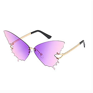 YAMEIZE Fashion Butterfly Rimless Sunglasses for Women Vintage Metal Frame Eyewear UV Protection (PURPLE PINK)
