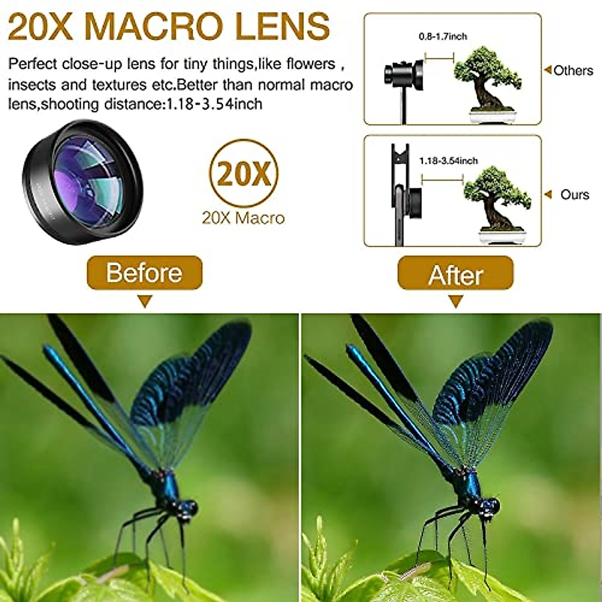 Phone Camera Lens 3-in-1 Kit :120° Supe Wide Angle +198° fisheye Lens+ 20x Macro Lens for iPhone Samsung Android & Most Smartphone，HD Phone Lens Kit