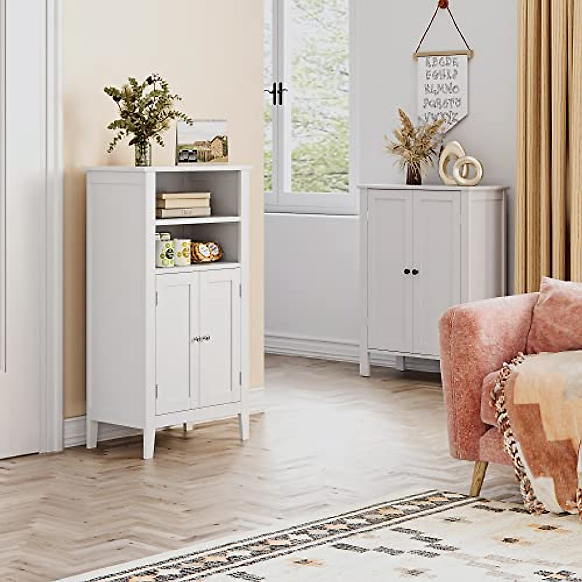 FOTOSOK Bathroom Storage Cabinet, Floor Storage Cabinet with 2 Doors and Shelves for Living Room, Bedroom, Kitchen and Office, White