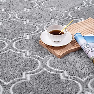 Amearea Fluffy Indoor Area Rug, Soft Trellis Moroccan Rugs for Bedroom, Shag Modern Area Rug for Living Room Kids Room Nursery, Easy Clean, Geometry Home Decor Low Pile Carpet, Light Gray 5x7 Feet